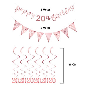 BRT Bearingshui 20th Birthday Decoration Kit for Women, Happy 20th Birthday Banner Bunting Swirls Streamers, Triangle Flag Banner for Birthday Party Decorations Supplies Rose Gold 20th