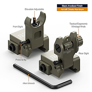 Feyachi Flip Up Rear Front and Iron Sights Best Backup fits Picatinny & Weaver Rails (Sand)