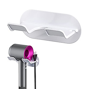Liboer Hair Dryer Wall Mount Holder Blow Dryer Organizer Hair Dryer Wall Stand Hair Dryer Organizer Rack with Plug & Wire Hook for Bathroom，Multi-Functional Hair Dryer Rack for Dyson Supersonic(white)