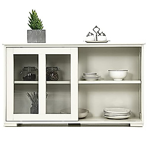 Costzon Kitchen Sideboard, Antique Stackable Storage Cabinet with Height Adjustable Shelf, Sliding Door Window, Wooden Cupboard Server Buffet Console Table for Home Dining Room Entryway (Cream White)