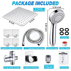 Shower Head, High Pressure 8'' Rainfall Stainless Steel Shower Head/Handheld Combo with 60'' Hose Anti-leak Shower Head with Holder, Flow Regulator, Chrome, 4 Shower Hooks (8'' Showerhead Set, Sliver)