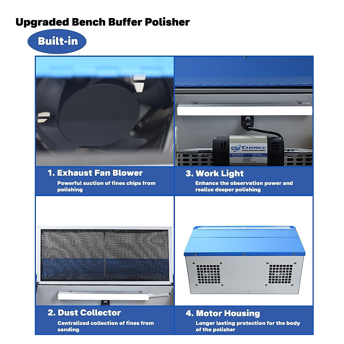 CTISMICE Jewelry Bench Polisher, Adjustable Variable Speed Polishing Buffing Machine, 500W Buffer Grinder with Exhaust Fan Blower, Dust Collector, Work Light and Motor Housing for Jewelry, Metal, Wood