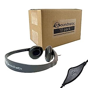 Soundnetic SNCCV Classroom Stereo Headphones with Leatherette Earpads and Volume Control, Black, Count of 10, Pack of 1