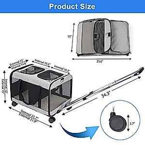 VOISTINO Double Compartment Pet Carrier with Detachable Wheels for Cat/Dog, Rolling Carrier for 2 Small Cats/Dogs, Super Ventilated Design, Ideal for Traveling/Walking/Camping