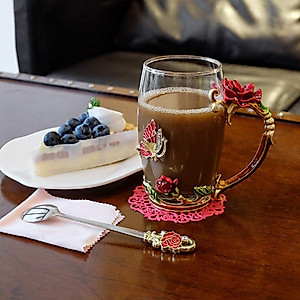 DasyFly Birthday Gifts For Women,Enamel Butterfly Flower Glass Tea Cup Rose Red Coffee Mug,Cute Gifts For Women Mom Wife Grandma Female Friend on Anniversary Christmas Valentines Mothers day