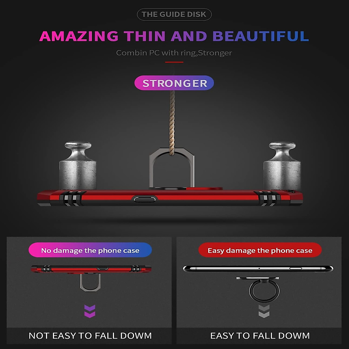 STARSHOP Samsung Galaxy A50 Phone Case, with [Tempered Glass Screen Protector Included], Military Grade Shockproof Drop Protection Phone Cover with Metal Ring Kickstand - Scarlet