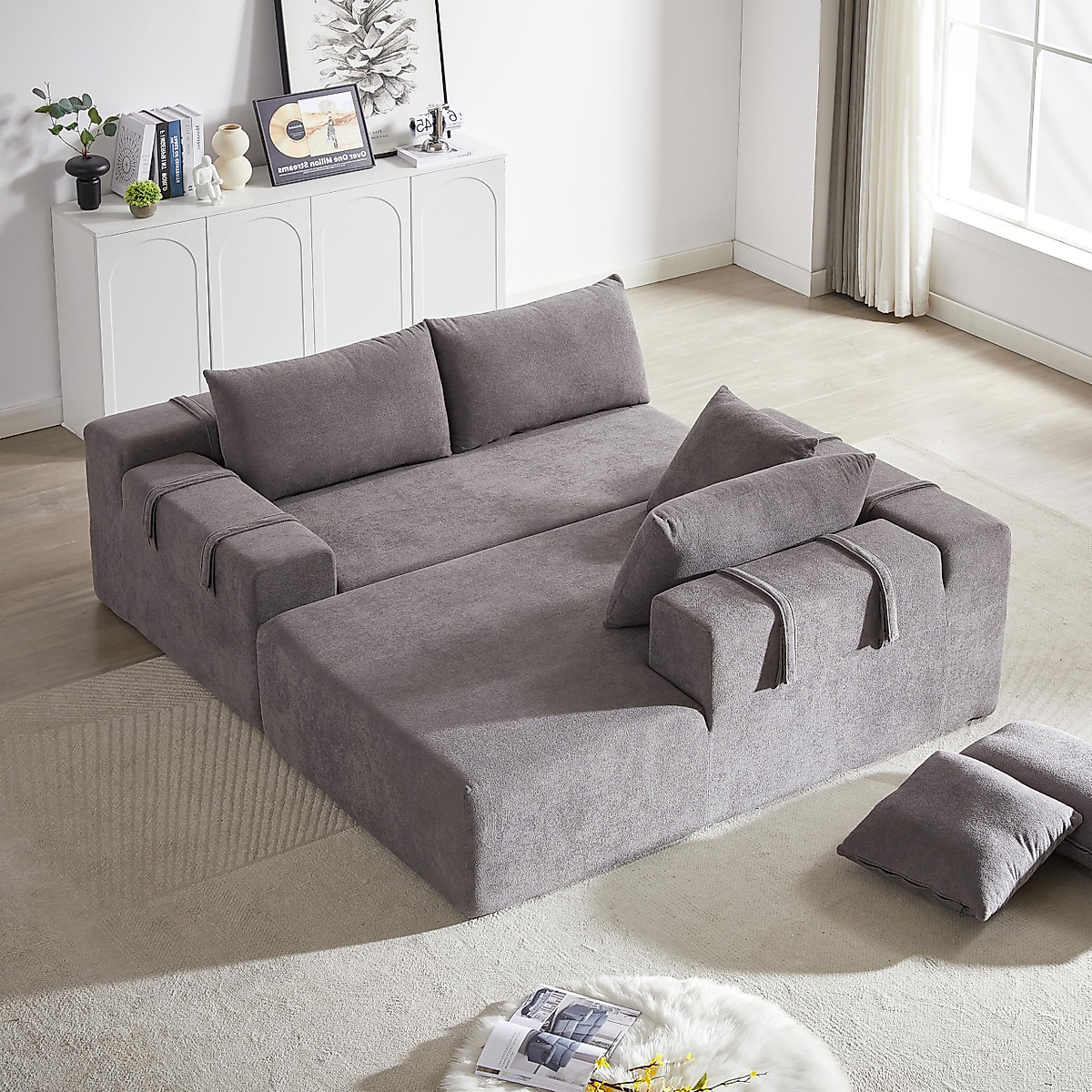 Yoglad Modern L-Shape Sectional Upholstery Sofa with Freedom Combination Living Room Sofa, Comfy Deep Seat Floor Furniture with 6 Pillows for Living Room, Office (Face The Right Chenille Grey Sofa)
