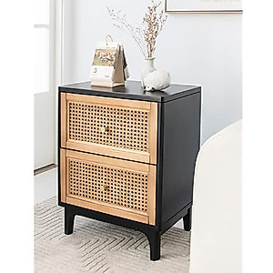 COZAYH Fully-Assembled 2-Drawer Woven Cane Front Accent Nightstand with Brass Knobs for Living Room, Bedroom, Black