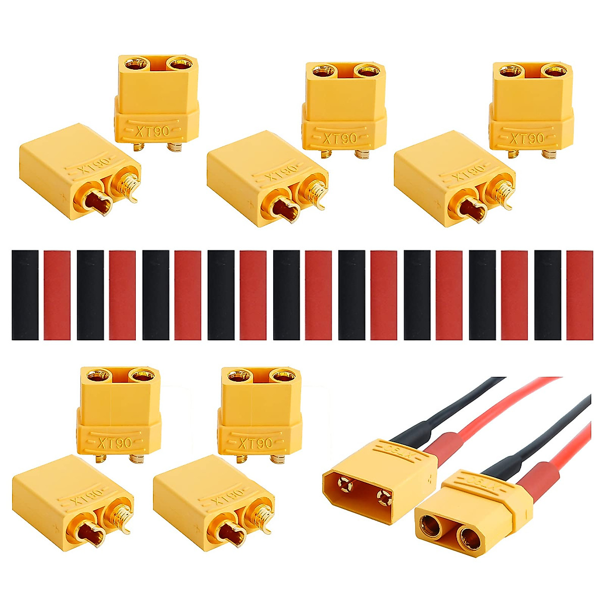 Audance XT90 XT 90 Connectors Male and Female with 2M 14 AWG Silicone Wire, Battery 5mm Heat Shrink Tube for FPV Connector RC Hobby Electric Motors & Parts (5 Pairs), Yellow