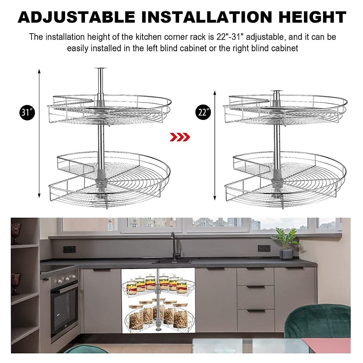 Kidney Chrome Lazy Susan,2 Tier Adjustable Kitchen Corner Cabinet Organizer 32" Blind Corner Shelf for Space Saving Corner Cabinet Blind Shelf