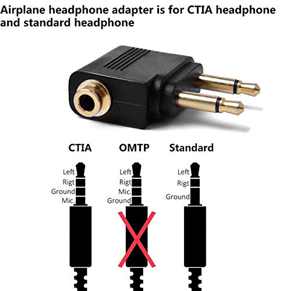 Onwon 3 Pack Airline Airplane Flight Adapters Golden Plated 3.5mm Jack Adapter Converter Dual 3.5mm Male to Female AUX Audio for Headphones