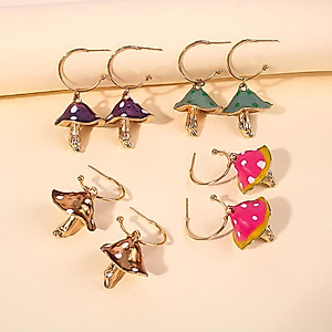 5 Pairs Dainty Mushroom Shape Pendant Earrings Set Sweet Fresh Mushroom Drop Earrings Colorful Sweet Cute Food Dangle Earrings Metal Enamel Mushroom Hoop Earrings Set for Women Jewelry