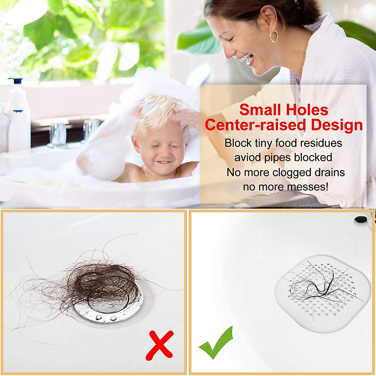 Hair Catcher,Square Hair Drain Cover for Shower Silicone Hair Stopper with Suction Cup,Easy to Install Suit for Bathroom,Bathtub,Kitchen 2 Pack (Grey White)