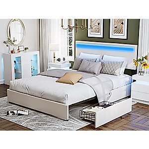 IKIFLY LED Bed Frame with 4 Storage Drawers, Upholstered Queen Size Storage Bed with Adjustable Headboard & LED Lights, Mattress Foundation, No Box Spring Needed, Easy Assembly - White/Queen