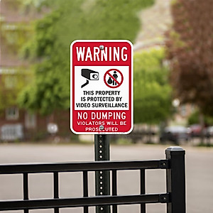 SmartSign 18 x 12 inch “Warning - No Dumping, Property Protected By Video Surveillance” Metal Sign, 63 mil Aluminum, 3M Laminated Engineer Grade Reflective Material, Red, Black and White