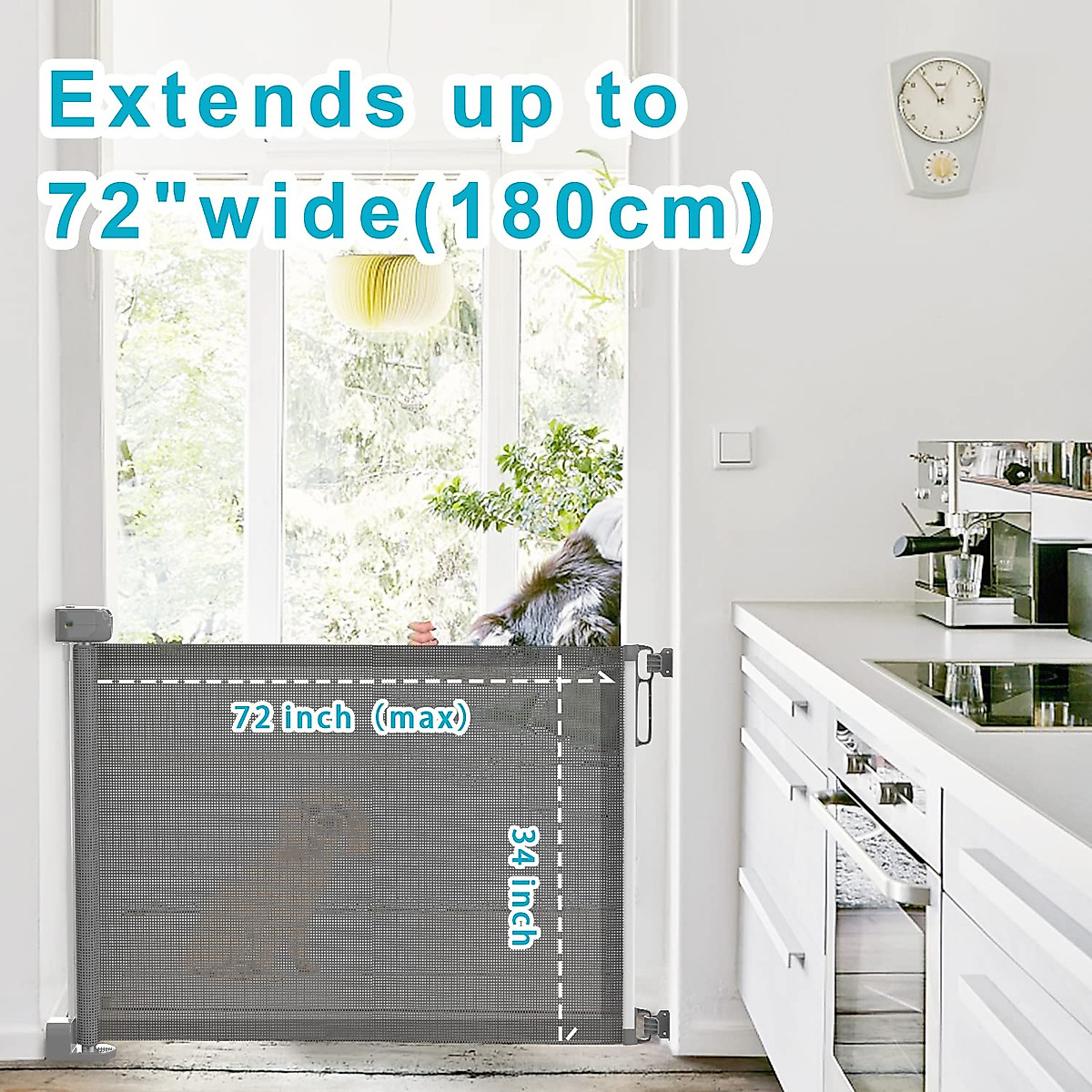 Retractable Baby Gates for Stairs Doorways, [Upgraded Double Lock] 34" Tall, Extra Wide up to 72", Mesh Pet Puppuy Dog Gate for House, Hallways, Indoor/Outdoor (72 inch, Grey)