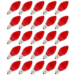 Creative Hobbies® Box of 25 Light Bulbs, Ceramic Opaque Red, Steady Burning, 7 Watt Incandescent, C7 Candelabra Base - Great for Christmas Strings and Decorative Lights