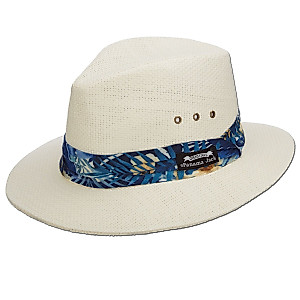 Panama Jack Woven Safari Hat - Matte Toyo Straw, 2 1/2" Brim, Tropical Print Hat Band (Blue, Large)