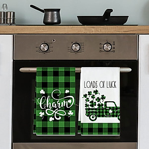 AnyDesign St. Patrick's Day Kitchen Dish Towel Lucky Shamrock Truck Tea Towel Green Black Buffalo Plaids Hand Drying Towel for Cooking Baking Cleaning Wipes, Set of 4. 18 x 28 Inch