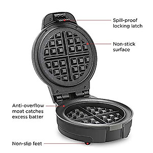 Chefman Anti-Overflow Belgian Waffle Maker w/Shade Selector, Temperature Control, Mess Free Moat, Round Iron w/Nonstick Plates & Cool Touch Handle, Measuring Cup Included, Black