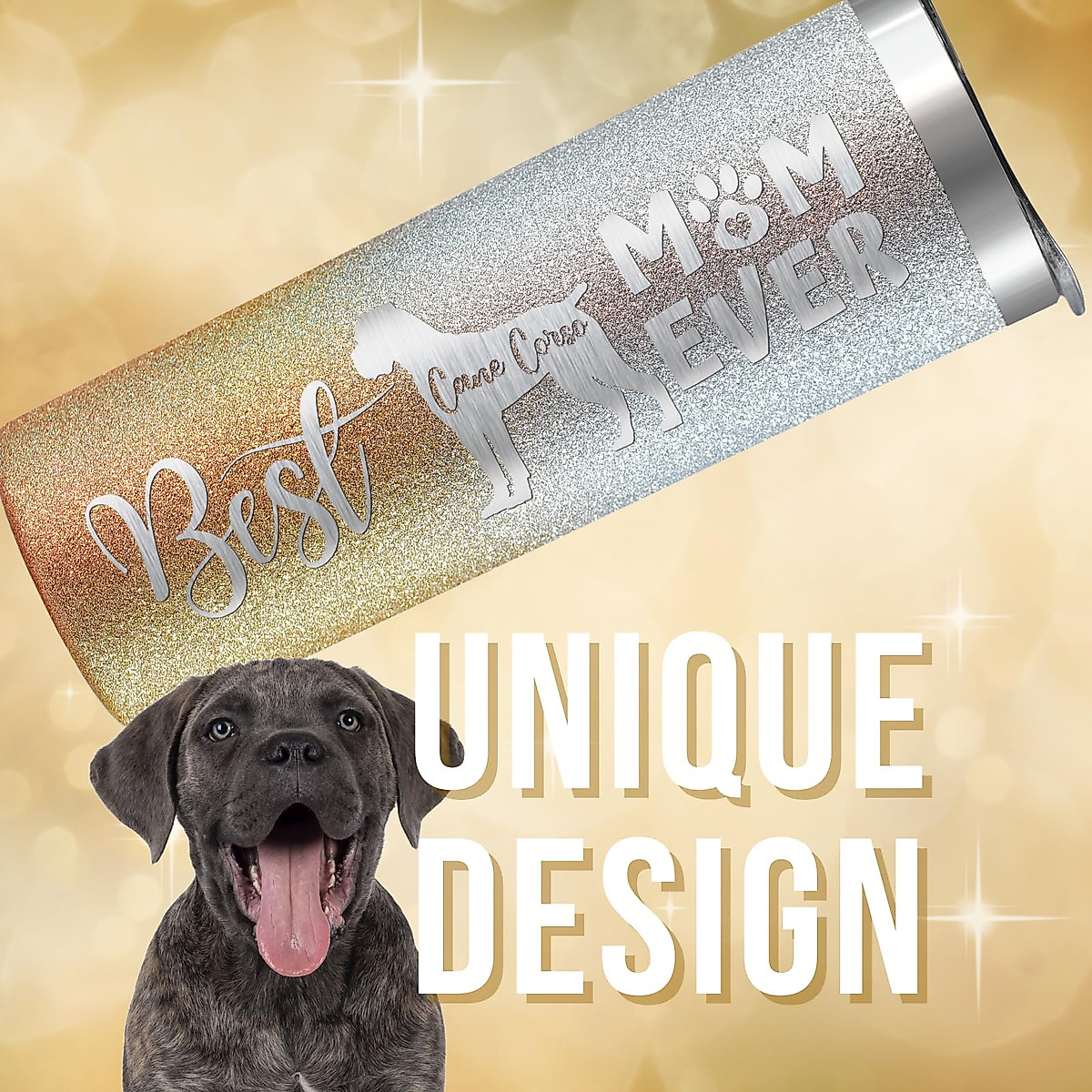 Onebttl Dog Mom Gifts, Dog Lover Gifts for Women, Best Dog Mom Ever, 20 oz Glitter Silver-Gold Insulated Tumbler - Cane Corso Mom