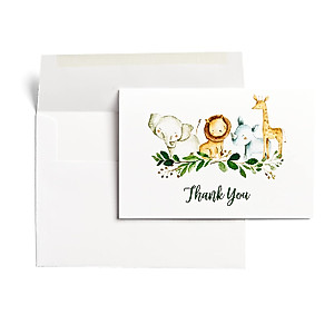25 Safari Thank You Cards With Envelopes (Thick Card Stock) Baby Shower, Jungle Greenery Large Size 4x6 Zoo Animal Giraffe Lion Elephant Gratitude For Party, Girl Boy Children Birthday Stationery