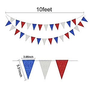 YSSAI 40 Ft Red Blue Silver Triangle Flag Bunting Banners Double Sided Glittery Hanging Paper Patriotic Pennant Banner 4th of July Decorations Patriotic Party Decorations Supplies, SA0030