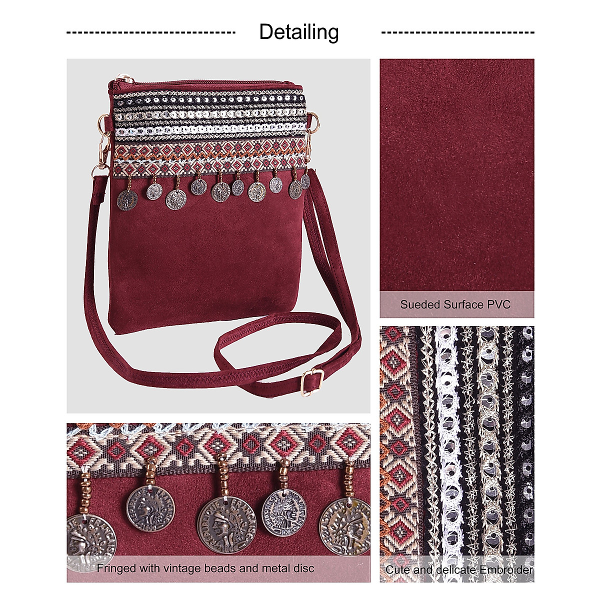 Pulama Vintage Bohemian Crossbody Small Handbag Adorable Ethnic Sling Pouch Claret