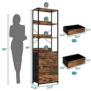 VASICAR 4-Tier Tall Bookshelf with 4 Drawers, Multifunctional Open Bookcase, Storage Shelf Dresser for Living Room, Office, Bedroom, Kitchen, Free Drawer Divider (Rustic Brown)