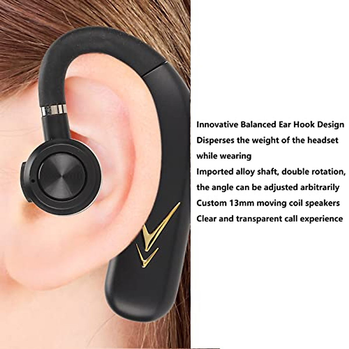 Lazmin112 Wireless Bluetooth Headphone, Deep Bass Noise Cancelling Ear Hanging Type Earphone, Double Rotation and Adjustable Angle, for Business/Office/Sports
