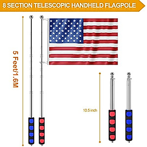 BONWIN 1.6M Telescopic Handheld Flagpoles with Clips, 5 Feet Thick Portable Stainless Steel Telescopic Banner Flag Pole - Tour Guide Flag Pole - Teaching Pointer Stick - 2 Pack (5 Ft, Red+Blue)