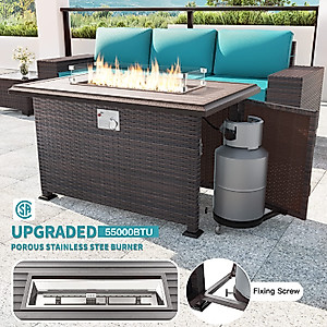 Kullavik 7 Pieces Outdoor Patio Furniture Set with 43" 55000BTU Gas Propane Fire Pit Table PE Wicker Rattan Sectional Sofa Patio Conversation Sets,Green Blue