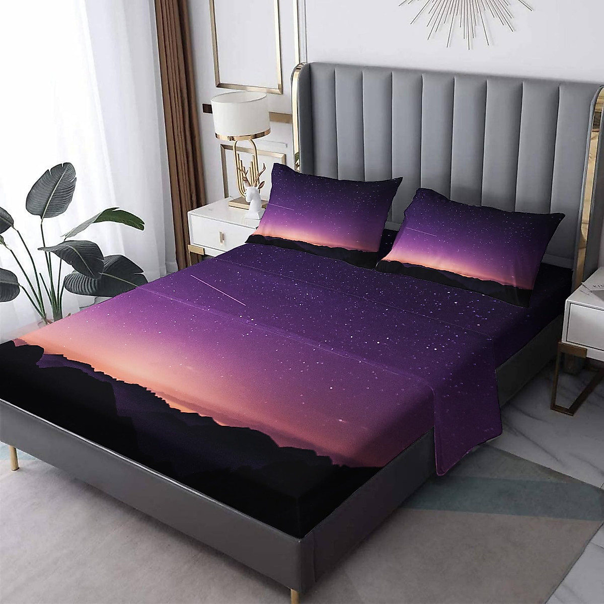 Stars Sheets Full Size, Sunset Bed Sheets, Patterned Bedding Sheets & Pillowcases 4 Piece Set - Soft Microfiber Deep Pocket Fitted Sheet & Flat Sheet & 2 Pillow Cases L2-&-299