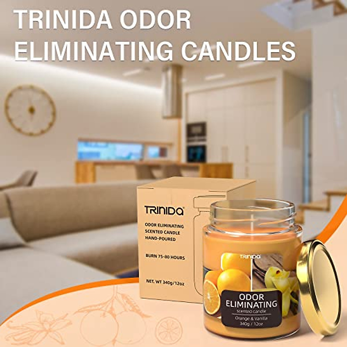 Orange & Vanilla Odor Eliminating Candles for Home Scented, Eliminates 99% of Pet, Smoke, Food and Other Smells Quickly, Highly Fragranced Candle, Premium Soy Candles Gift Set for Women