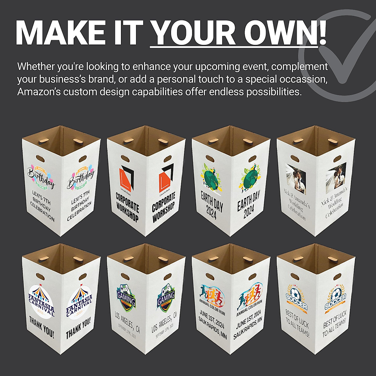 Customizable 42-Gallon Cardboard Trash, Waste & Recycling Containers (50 Pack, White) – Add Your Logo and Text for Any Occasion Including Trade Shows, Weddings, Events, Concerts & Large Gatherings