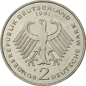 1979-1993 2 German Mark Coin, With Kurt Schumacher A Staunchly Anti-Nazi German Socialist Politician. 2 Deutsche Mark Graded By Seller Circulated condition