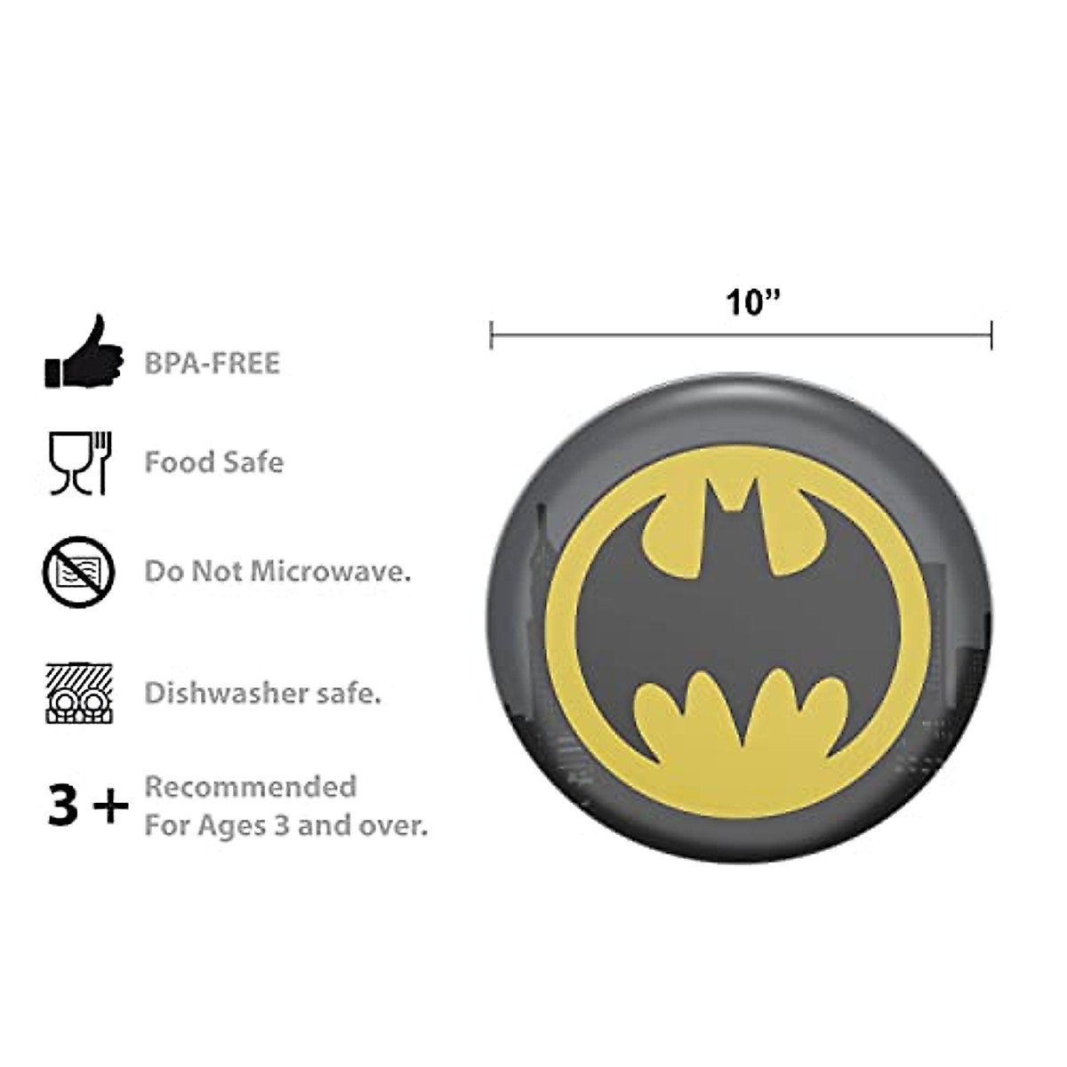 Zak Designs DC Comics Dinnerware 3 Piece Set Includes Plate, Bowl, and Water Bottle, Non-BPA, Made of Durable Material and Perfect for Fans (18/8 Stainless Steel, Batman)