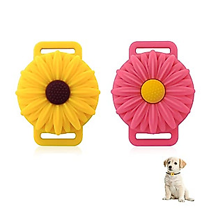 FuninCrea Sunflower Pet Apple AirTag Case for Collar, Durable Silicone AirTag Holder for Dogs and Cats Summer Anti-Lost AirTag Cover Suitable for AirTag 2021 (Yellow+Pink)