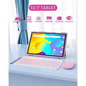 Tablet 2 in 1 Tablet with Keyboard Case Mouse Stylus Pen, 10 inch Tablet Android 14 Tablets PC, 10.1" HD Tab 6000mah Battery 6GB+32GB+1024GB Expandable 2MP+8MP Dual Camera Tableta Computer Pink Tab.