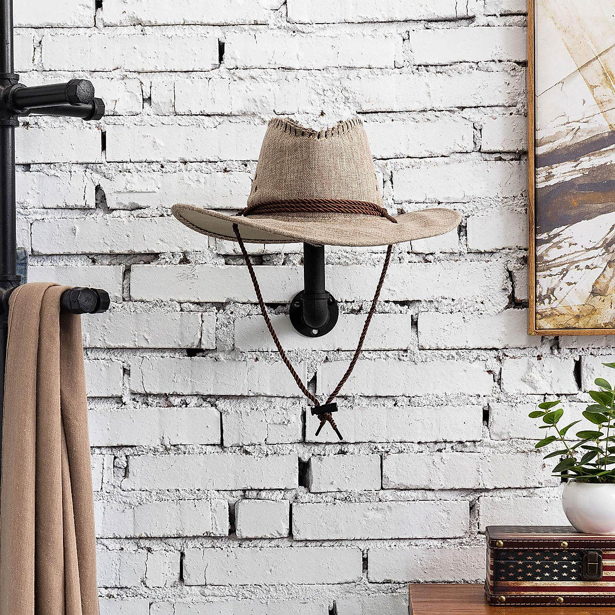 MyGift Set of 3 Wall Mounted Hat Rack Holder with Realistic Black Metal Pipe and Brown Wood, Hanging Entryway Hat Hooks and Wig Holder Rack