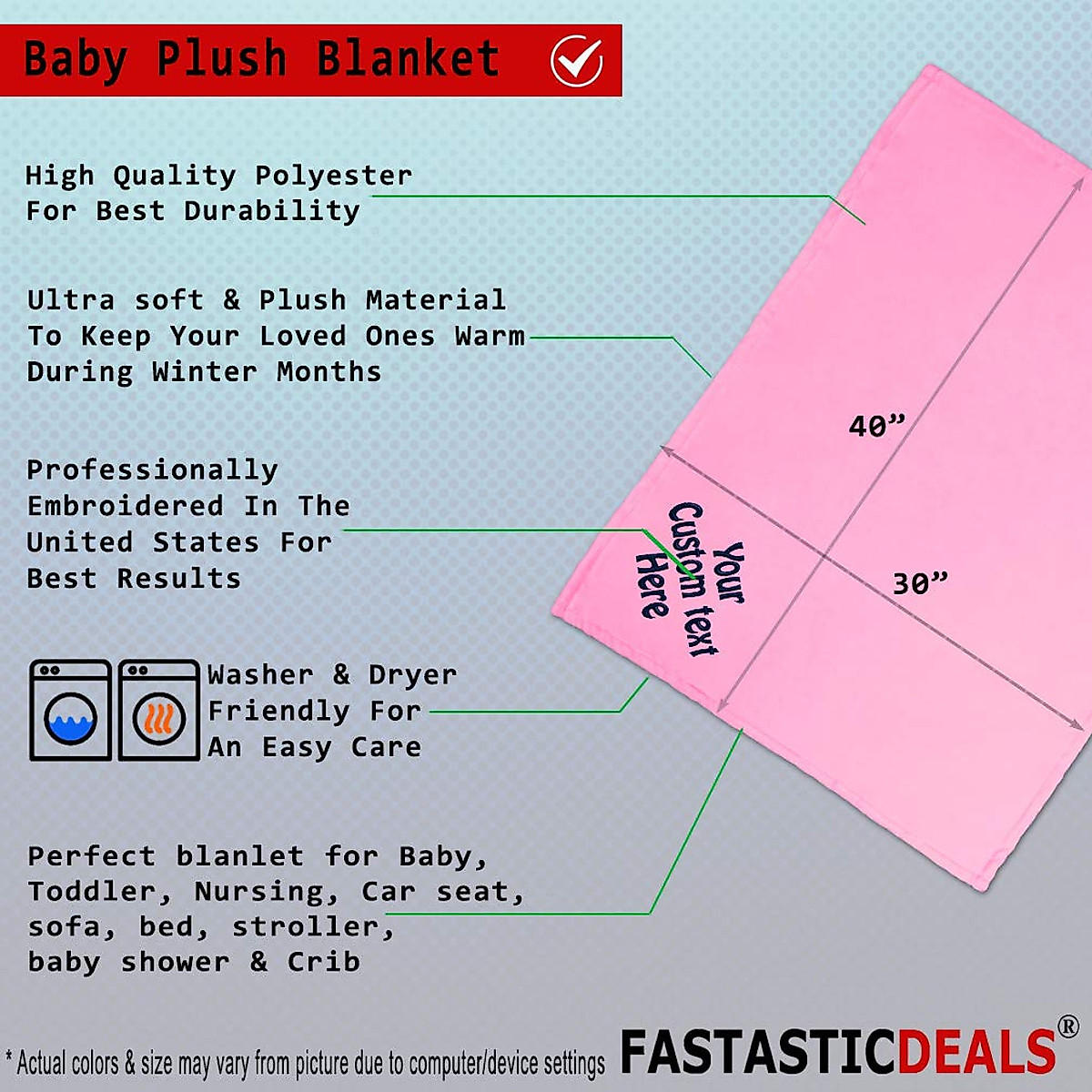 Nursery Bedding Baby Blankets for Boys & Girls Custom Personalized Text NamePolyester Soft & Plush Receiving Swaddle Blanket Pink 40x30 Inches