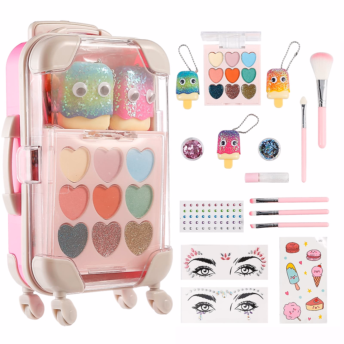 16Pcs Makeup Set for Girls with Suitcase, Eyeshadow Palette, Fruity Flavors Lip Glosses, Brushes, Stickers and Glitters in Realistic Suitcase Toy for Kids Makeup Ages 5+, Non Toxic & Kids Friendly