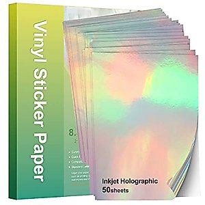 Stampcolour 50 Sheets Holographic Printable Vinyl Sticker Paper for Cricut,Glossy Decal Paper,Self-Adhesive Labels Crafts,Dries Quickly Tear Resistant-for Any Epson HP Canon Sawgrass Inkjet Printer A4