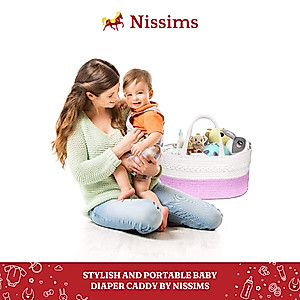 Baby Diaper Caddy Organizer Basket for Changing Table - Large Compact and Portable Woven Cotton Rope and Canvas Nursery Basket with 3 Divisions - Unisex Stylish GrayWhite - 14x8.5x7 Inches