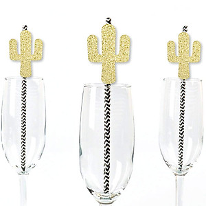 Big Dot of Happiness Gold Glitter Cactus Party Straws - No-Mess Real Gold Glitter Cut-Outs and Decorative Christmas Cactus Party Paper Straws - Set of 24