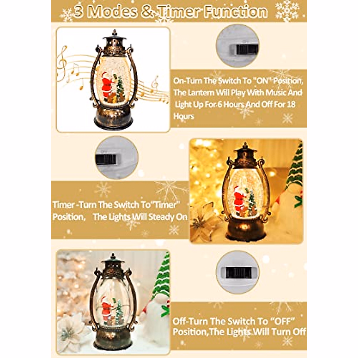 TURNMEON Lighted Christmas Snow Globe Lantern, Santa Claus Xmas Tree Timer Musical Christmas Decoration Gift USB or Battery Operated LED Water Glittering 8 Music Playing Christmas Decor Home Indoor