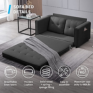 Mjkone Pull Out Sofa Bed, 3-in-1 Loveseat Sleeper Sofa Bed with 2 Side Pockets, 5.5" Tri-Fold Multi-Function Floor Gaming Sofa Bed, Fold Out Sofa Couches for Living Room/Bedroom/Office - Dark Grey