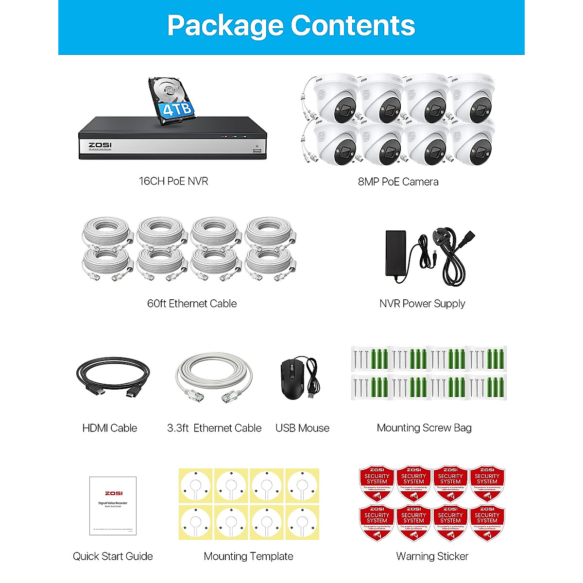 ZOSI 16CH 4K Spotlight PoE Security Camera System,8pcs 4K Outdoor Indoor PoE IP Cameras,Person Vehicle Detection,2 Way Audio and Siren,Night Vision,8MP 16Channel NVR with 4TB HDD for 24/7 Recording