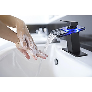 Y-Garhe LED Bathroom Sink Faucet - Matte Black Single Hole or 4 Inch Centerset Waterfall Faucet with Glass Spout and Temperature-Sensitive LED Lights, Includes Deck Plate