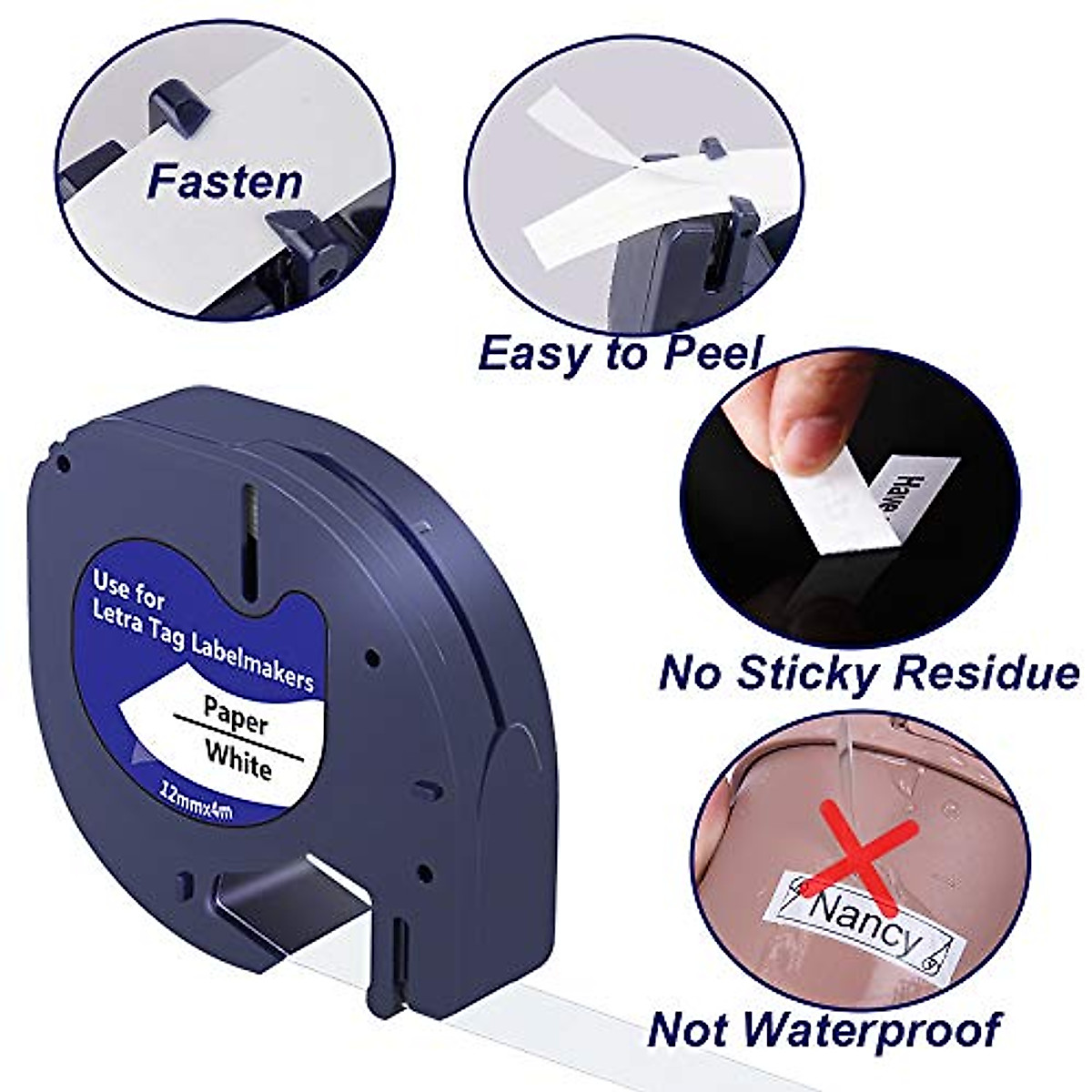 Weemay Compatible LT Paper Label Tape Replacement for Dymo Letratag Refills White Tape 12mm x 4m 91330 10697 (S0721510) Self Adhesive Paper Tape for LetraTag LT-100T LT-100H Label Machine, 8 Pack